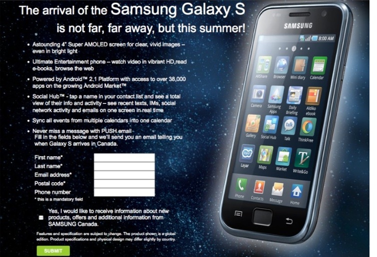 Samsung Galaxy S officially coming to Canada "this summer"