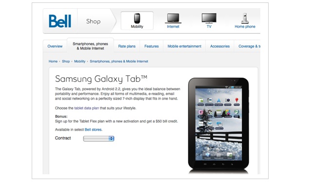Bell Samsung Galaxy Tab pops up online, then removed.