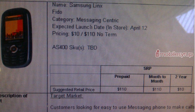 Fido to release the Samsung Linx April 12th