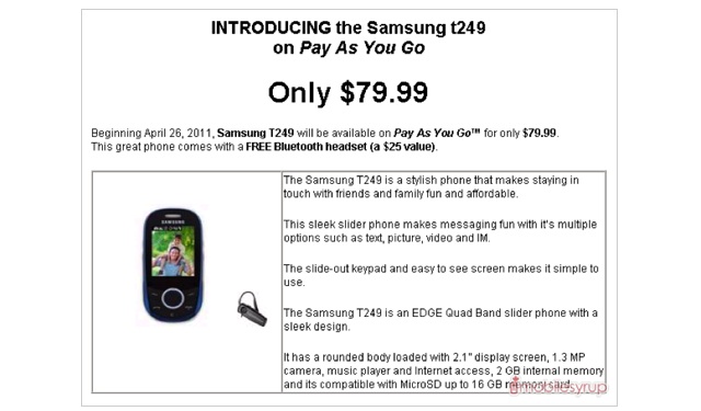 Rogers releases the Samsung T249 for $79.99 on Pay As you Go
