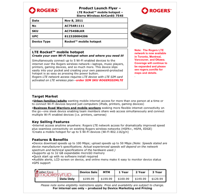 Full pricing of the Rogers LTE Rocket mobile hotspot - MobileSyrup