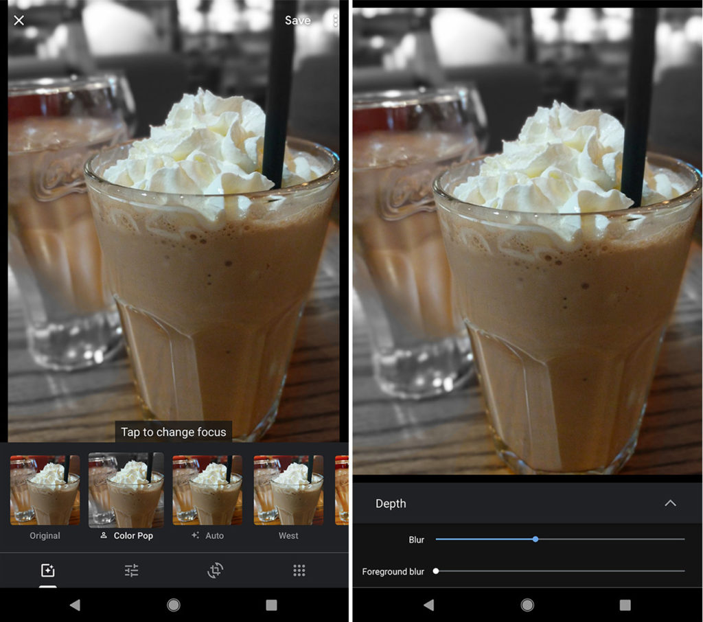 Google Photos testing Colour Pop filter, manual bokeh adjustment