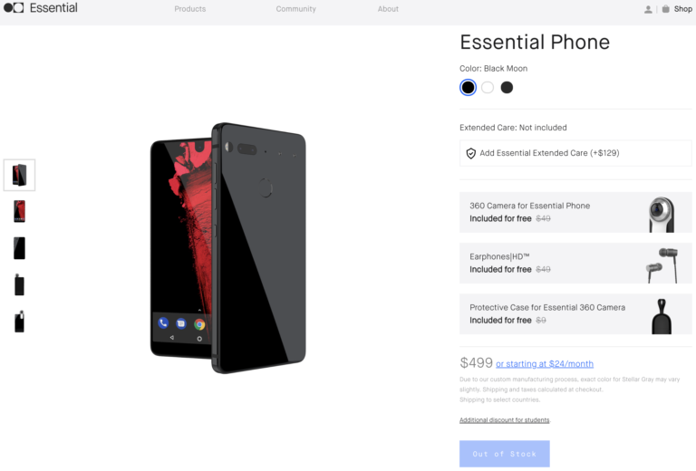 Essential website no longer carrying Essential Phone stock