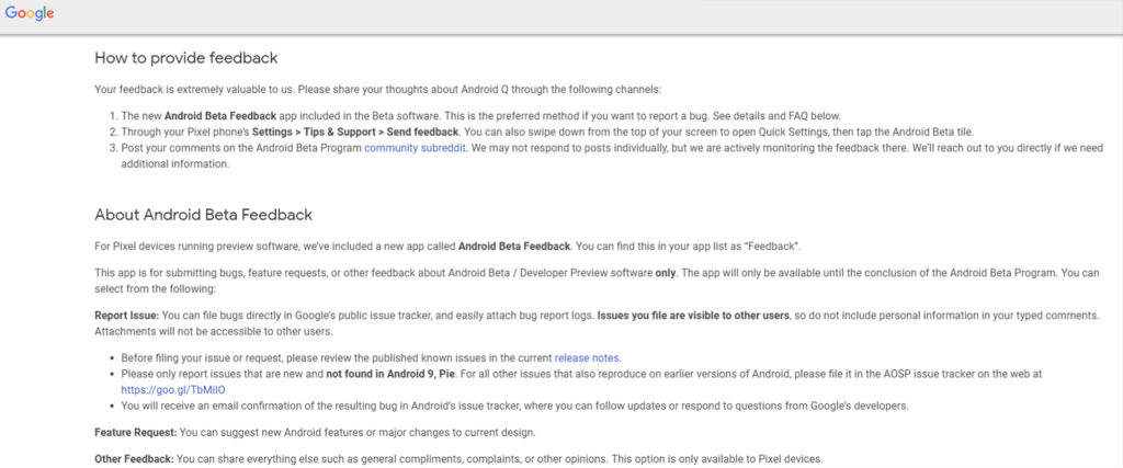 Android Q preview will include a new Beta Feedback app