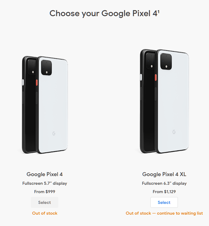 Pixel 4, 4 XL listed as 'out of stock' on Canadian Google Store