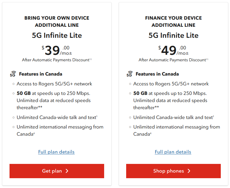 Rogers offering $39 and $49 add-a-line plans with 50GB of 5G data