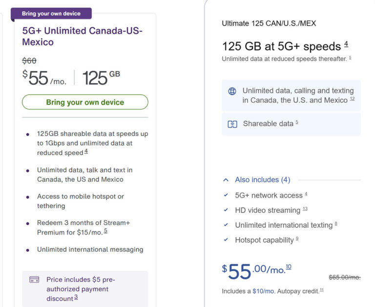 Bell and Telus offer new $55/125GB Canada, U.S., Mexico plan