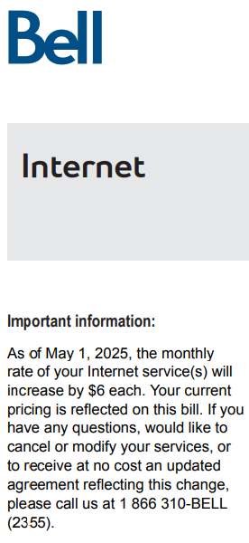 Reminder: Your Bell internet bill is about to go up